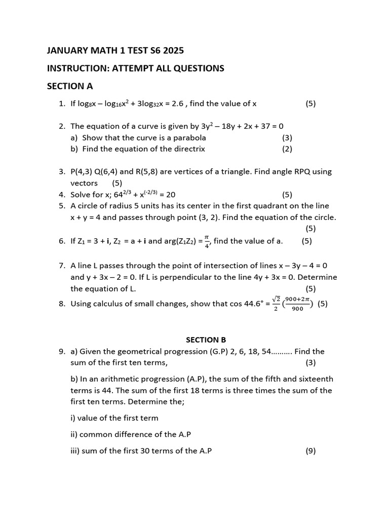 January Math 1 Test s6 2025 | PDF | Equations | Mathematical Physics