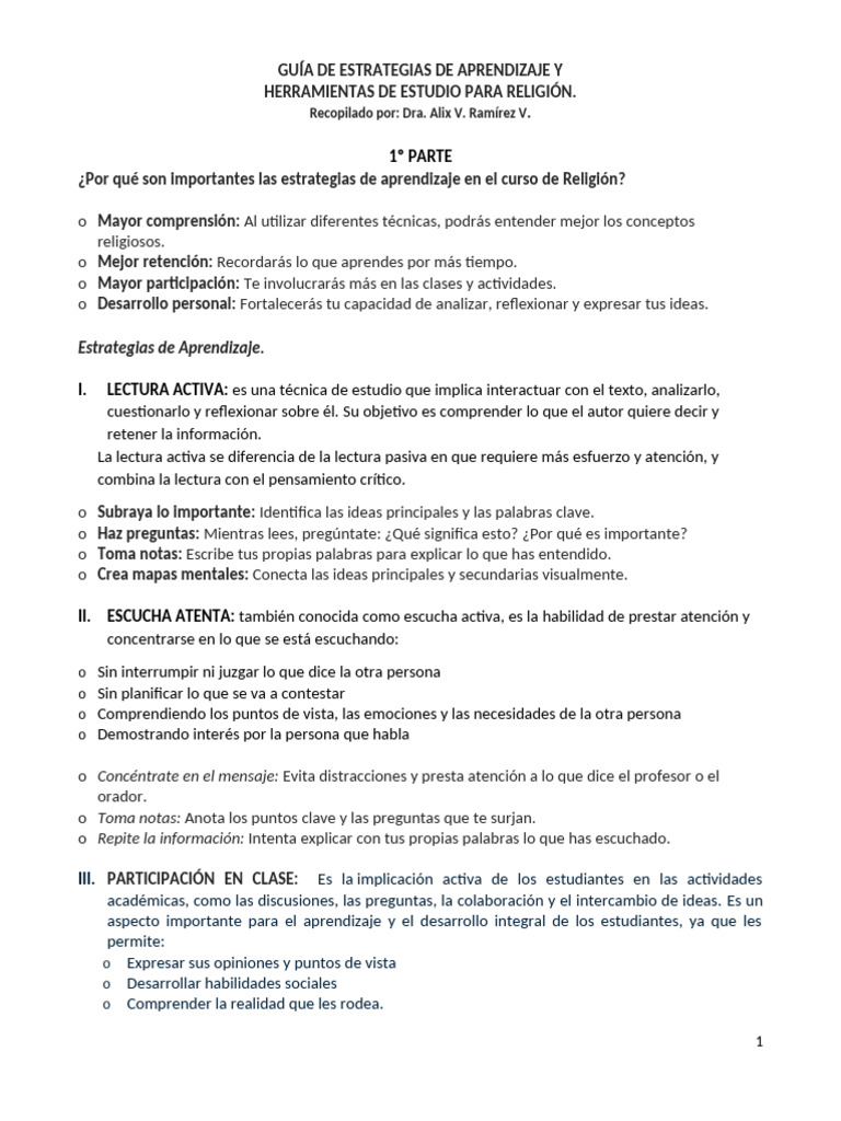 Compendio Guía de Estrategias de Aprendizaje para Religión de Alix ...
