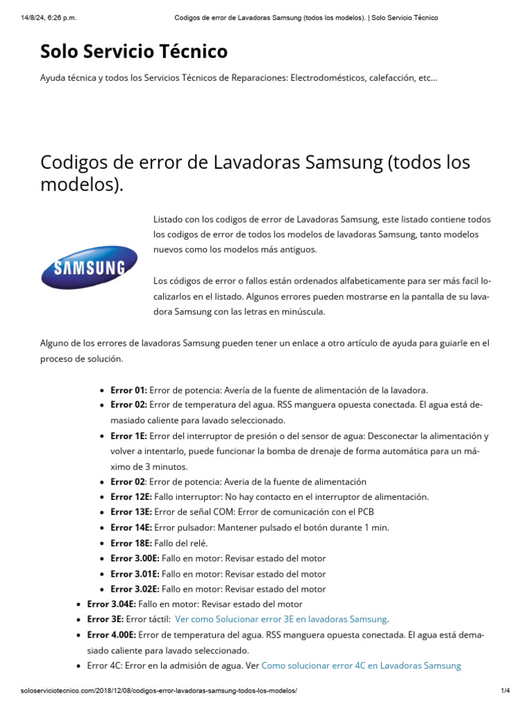 Códigos de Error Lavadoras Samsung | PDF | Lavadora | Cambiar
