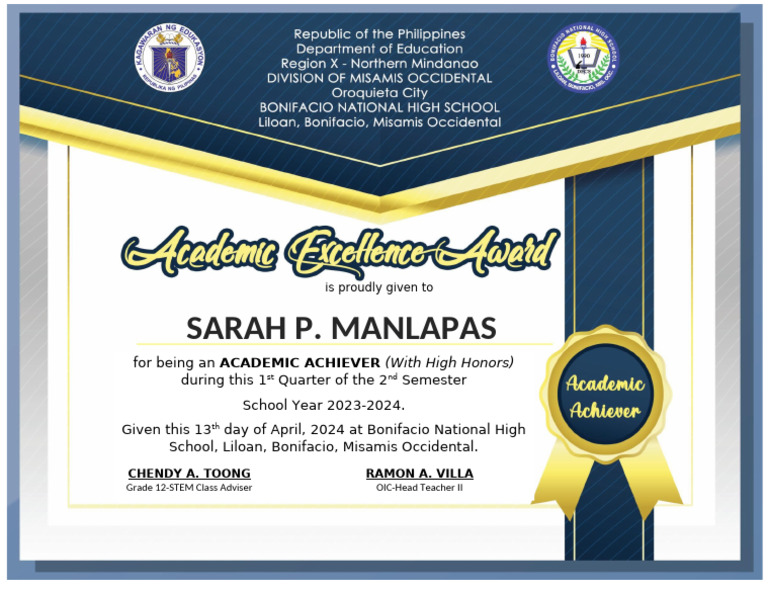 Academic Excellence Award Certificate SY 2022 2023 | PDF