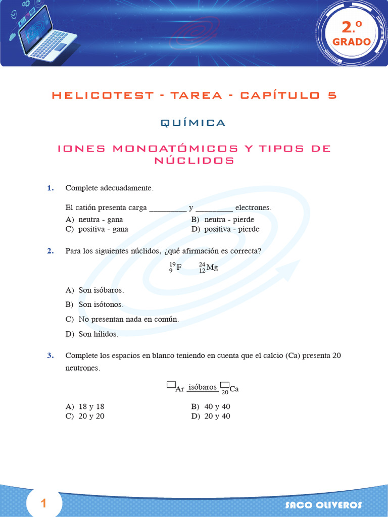 7 - Quim - 2° - Cap 5 - Preg - Tarea - 23 | PDF | Neutrón | Electrón
