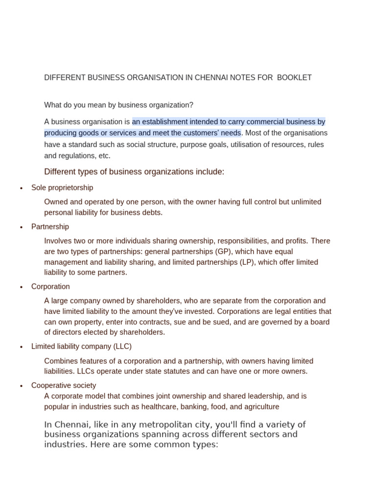 DIFFERENT BUSINESS ORGANISATION IN CHENNAI NOTES FOR BOOKLE1 | PDF ...