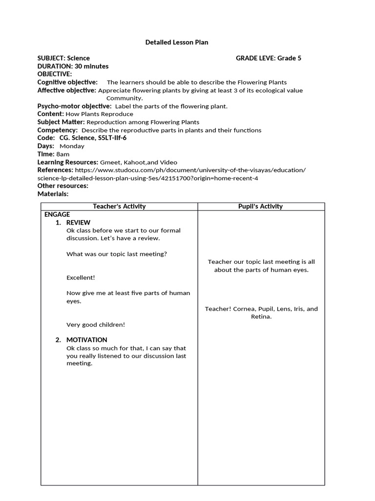 Grade 5 Lesson Plan: Flowering Plants | PDF | Reproduction | Flowers