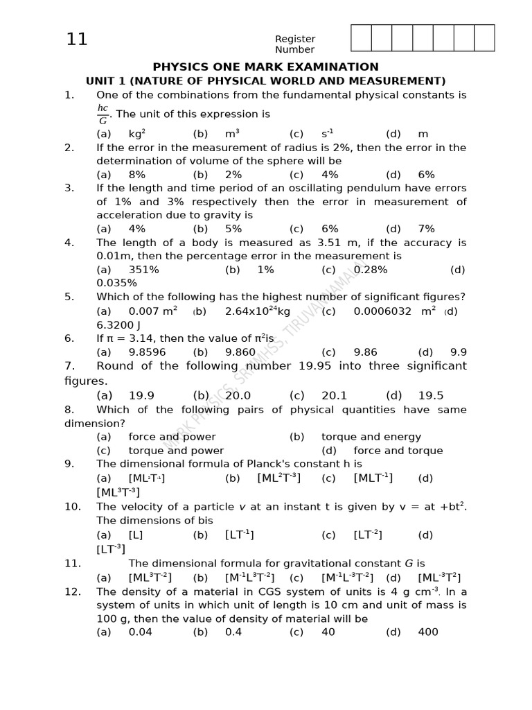 11 Std. Physics One Mark Examination Book Back | PDF | Gases | Force
