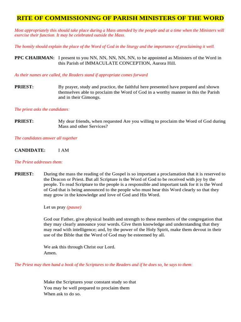 Rite of Commissioning of Parish Ministers of The Word | PDF