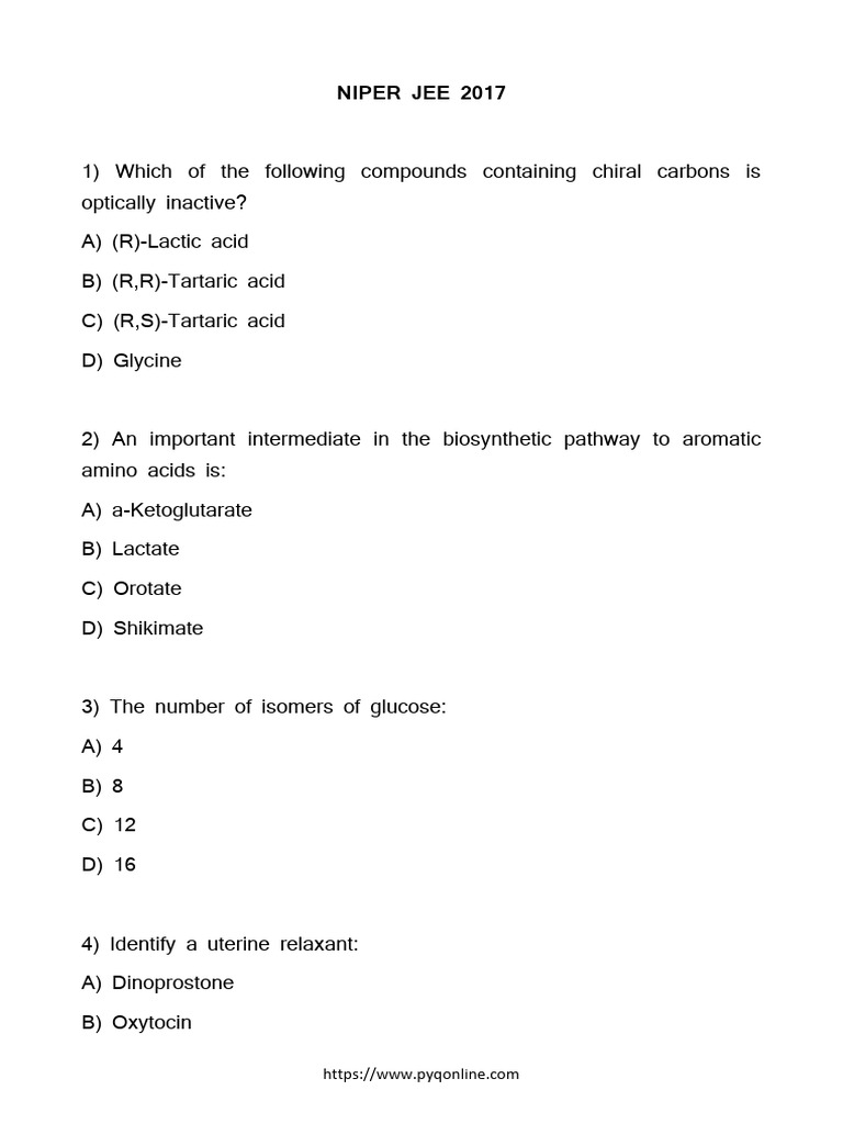 Niper Jee Question Paper 2017 | PDF | Enzyme Inhibitor | Plant Hormone