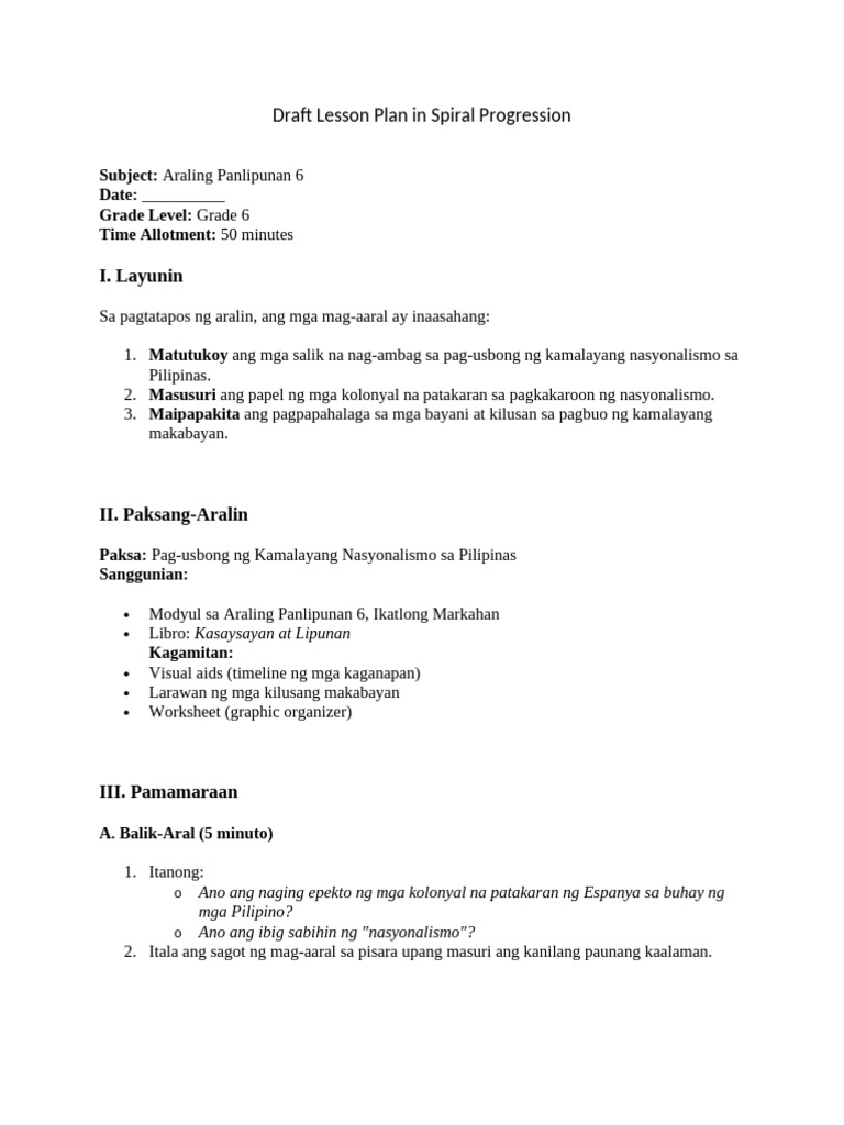 Draft Lesson Plan in Spiral Progressioncopy | PDF
