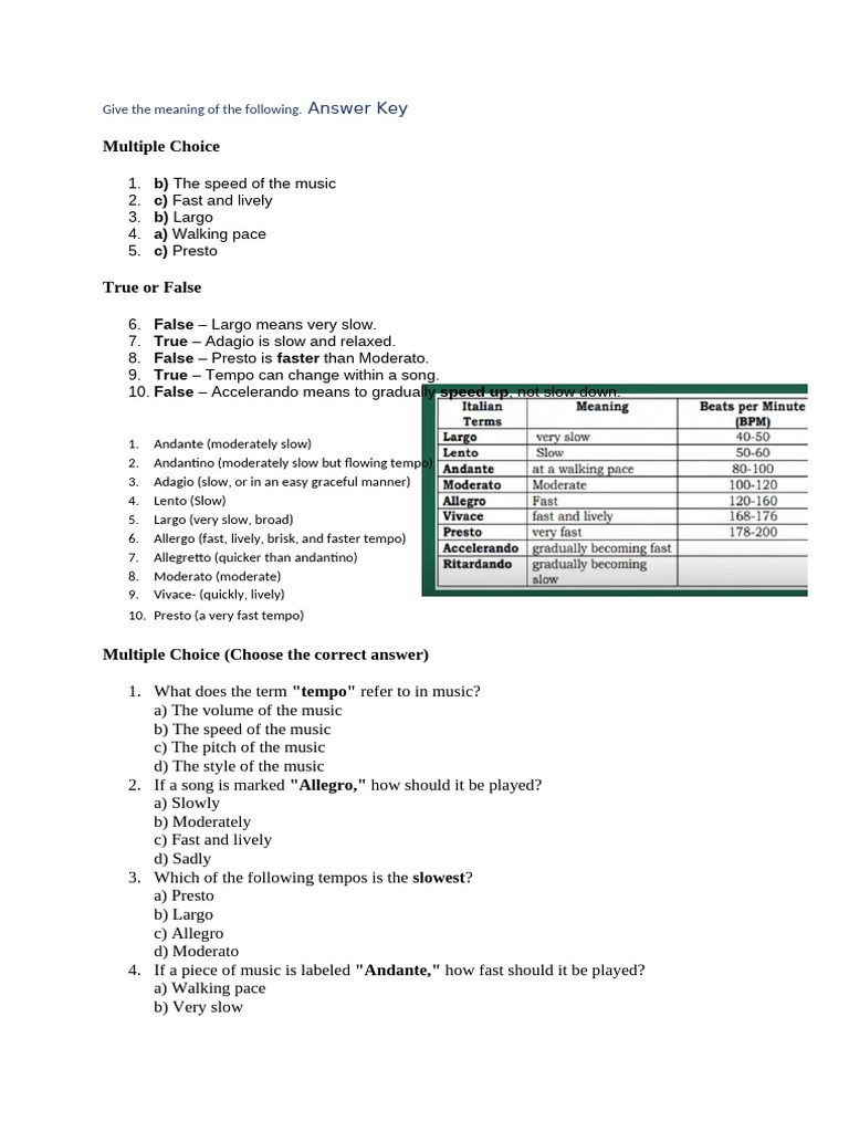 Music Tempo Definitions and Quiz Answers | PDF