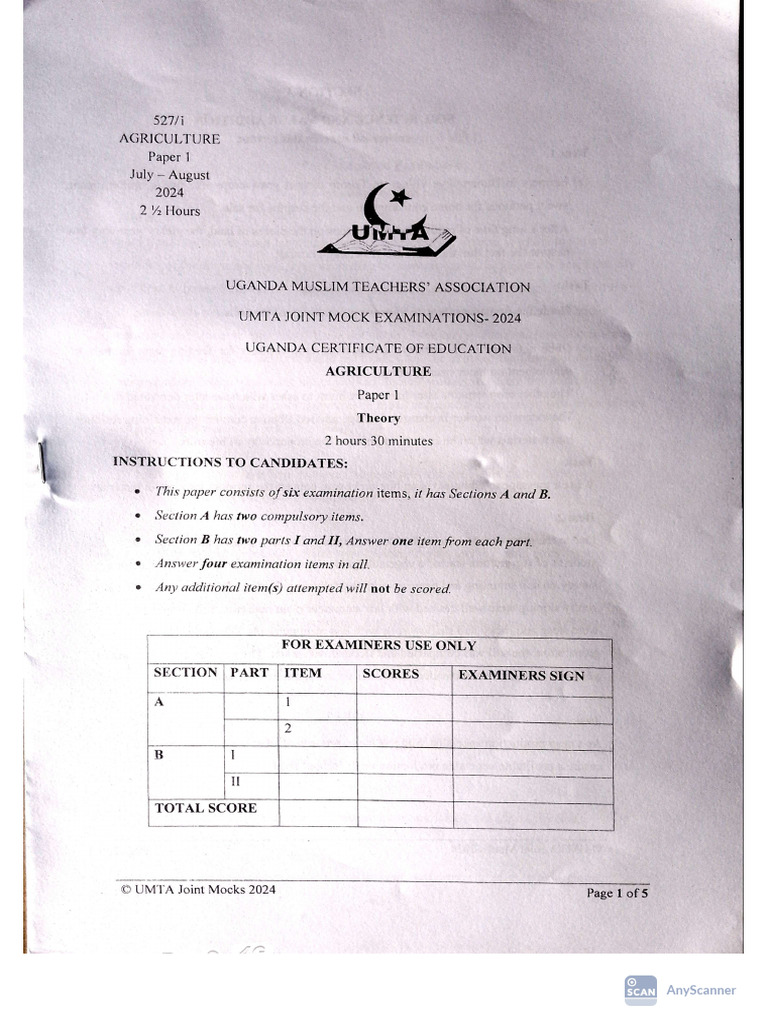 Umta Agric 1 Uce 2024 | PDF