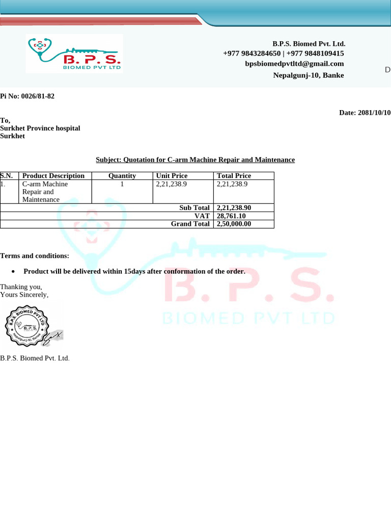 BPS BIOMED PVT LTD Lumbini Province Police Hospital - C-Arm Machine ...