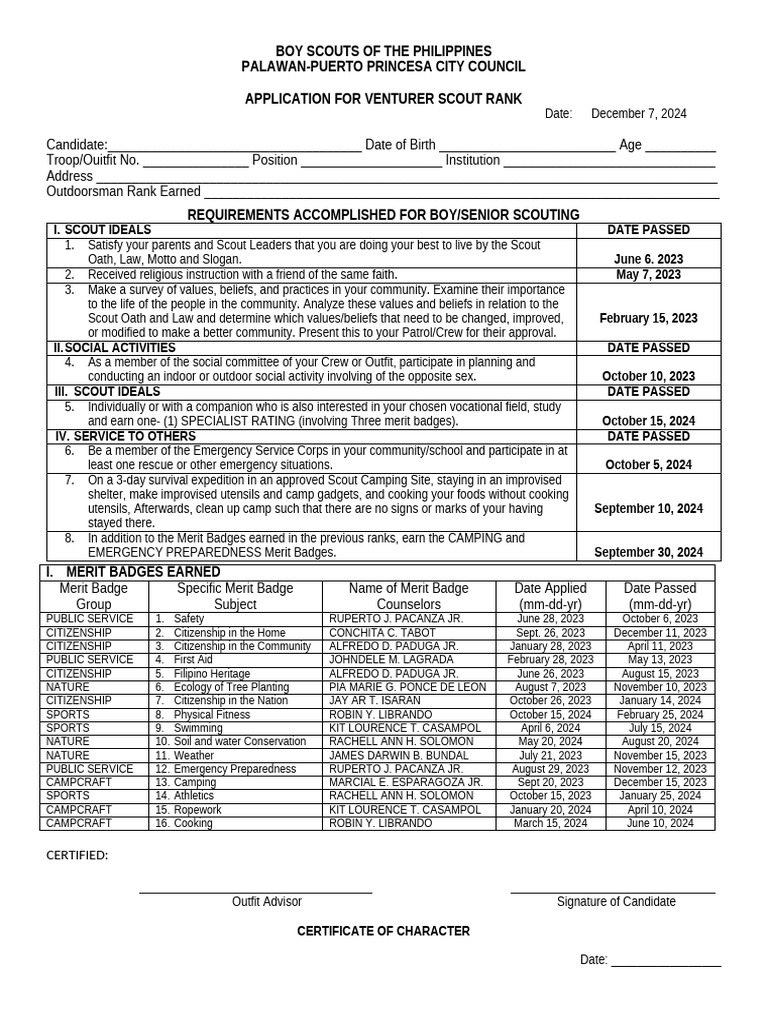 Venturer Scout Rank Application Form | PDF | Scouting | Outdoor Recreation