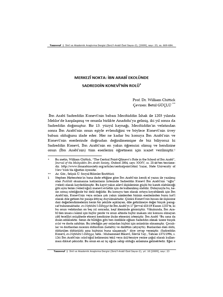 William C Chittick Merkezi Nokta, İbn Arabi Ekolünde Sadreddin Konevi'nin | PDF