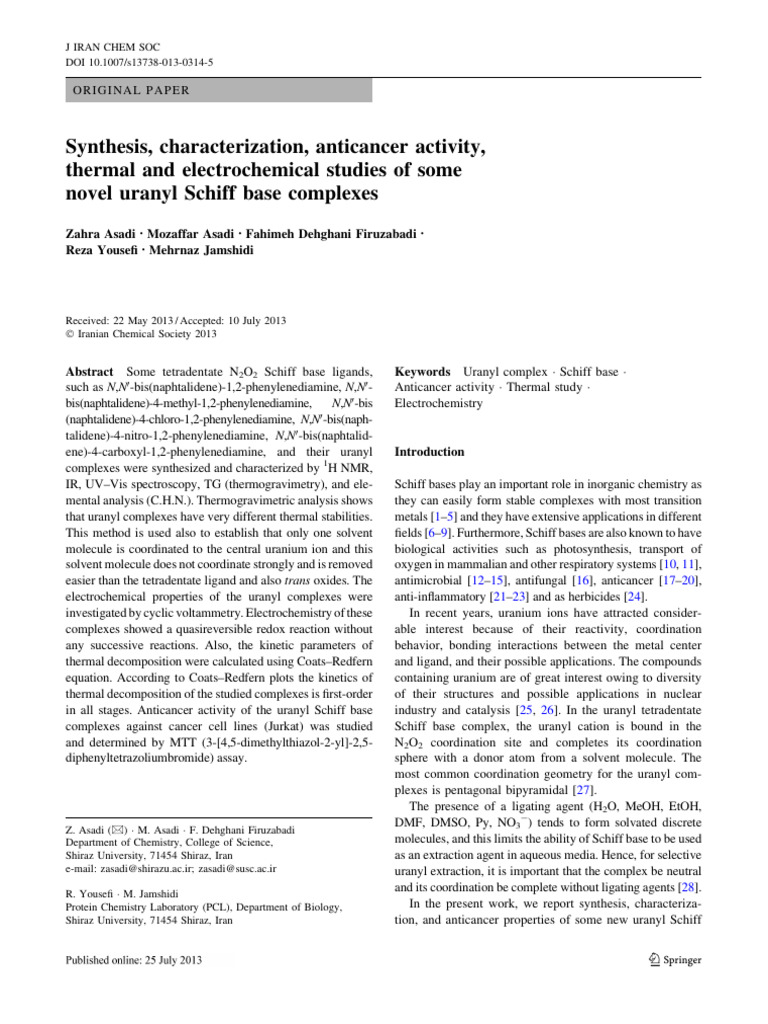 Synthesis, Characterization, Anticancer Activity, Thermal and Electrochemical Studies of Some ...