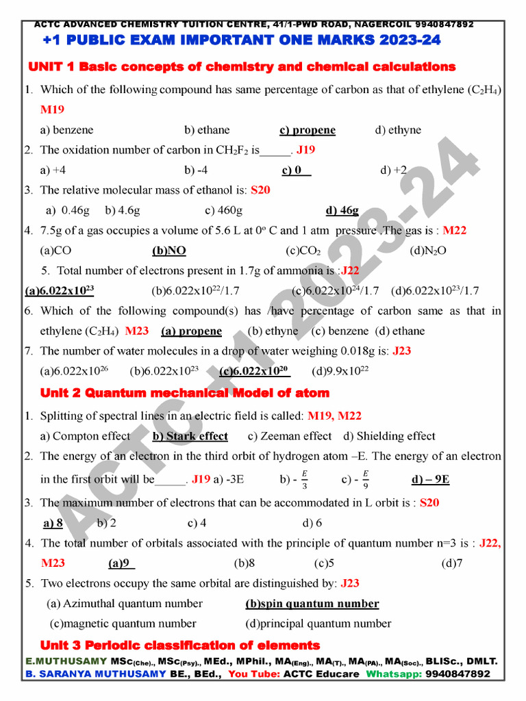 +1 Chemistry Important MCQ Answer | PDF