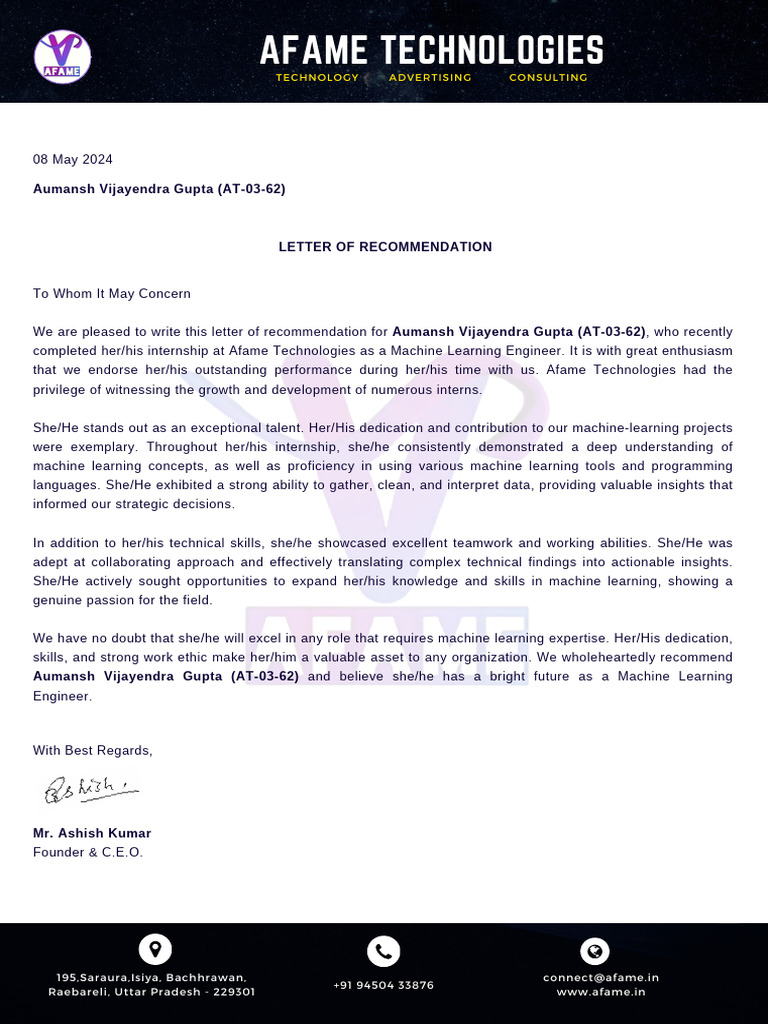 Letter of Appreciation Afame Technologies | PDF