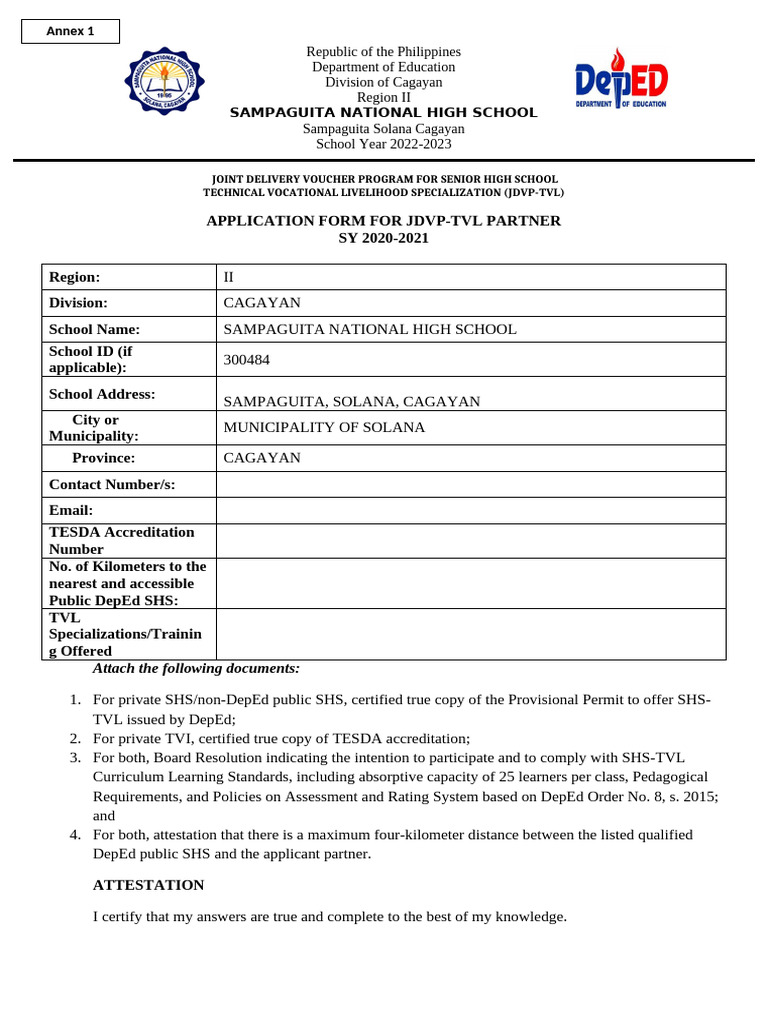 Annex 1 Application Form For JDVP Partnet | PDF