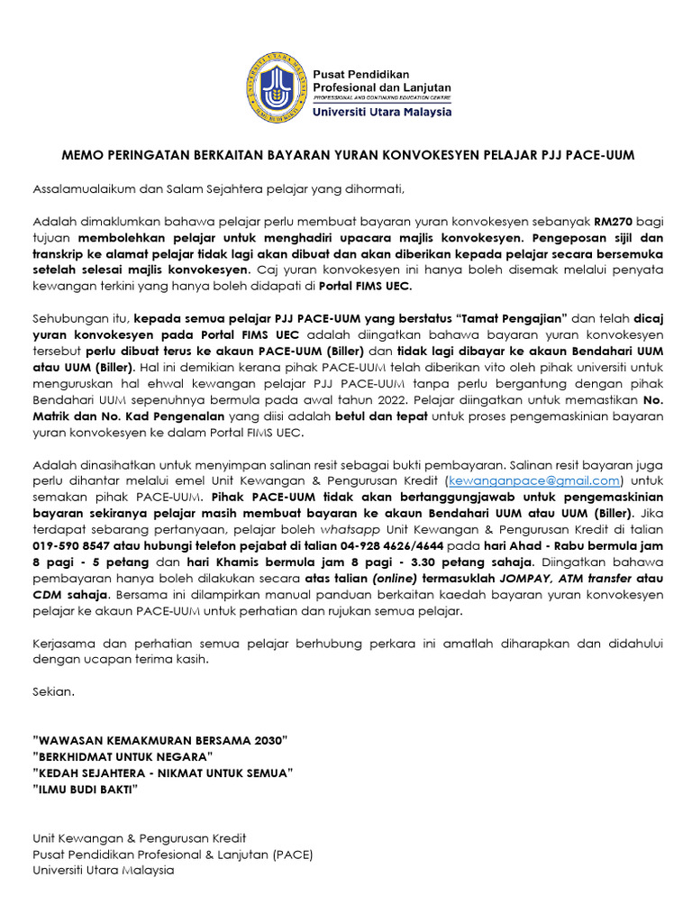 Memo Peringatan Berkaitan Kaedah Bayaran Yuran Konvokesyen Ke Akaun ...