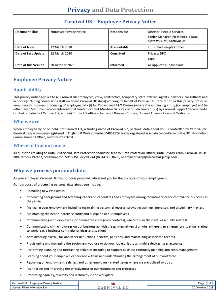 Carnival UK Employee Privacy Notice | PDF | Employment | Biometrics