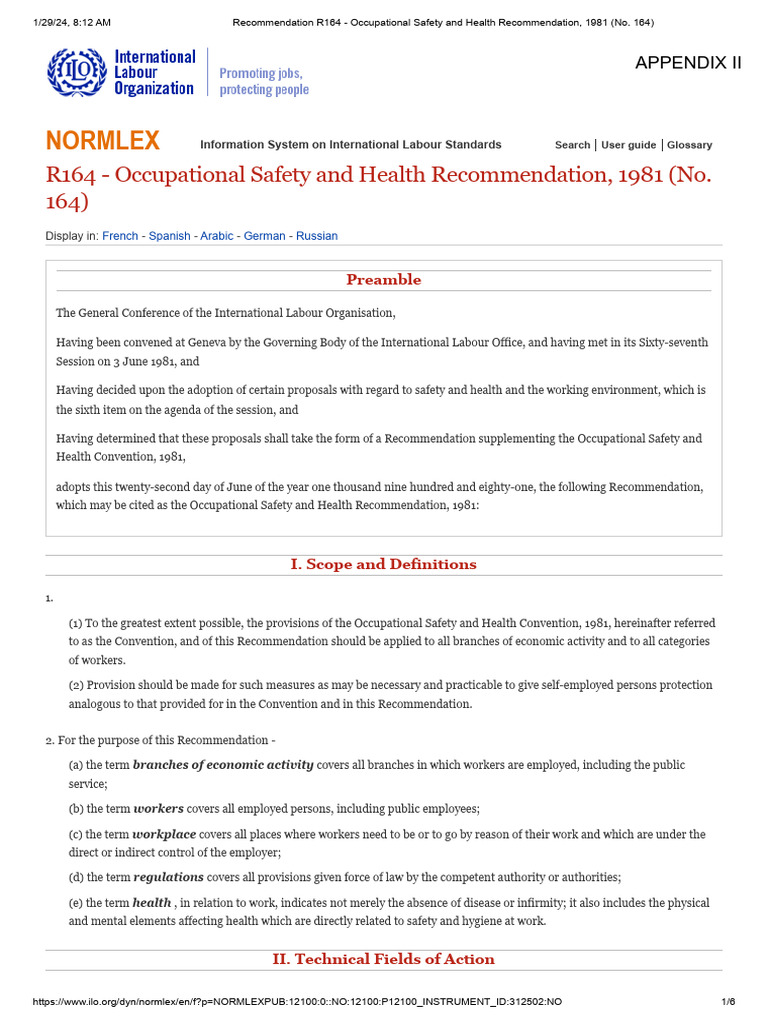 ILO R164: Occupational Health Guidelines | PDF | Occupational Safety And Health | International ...