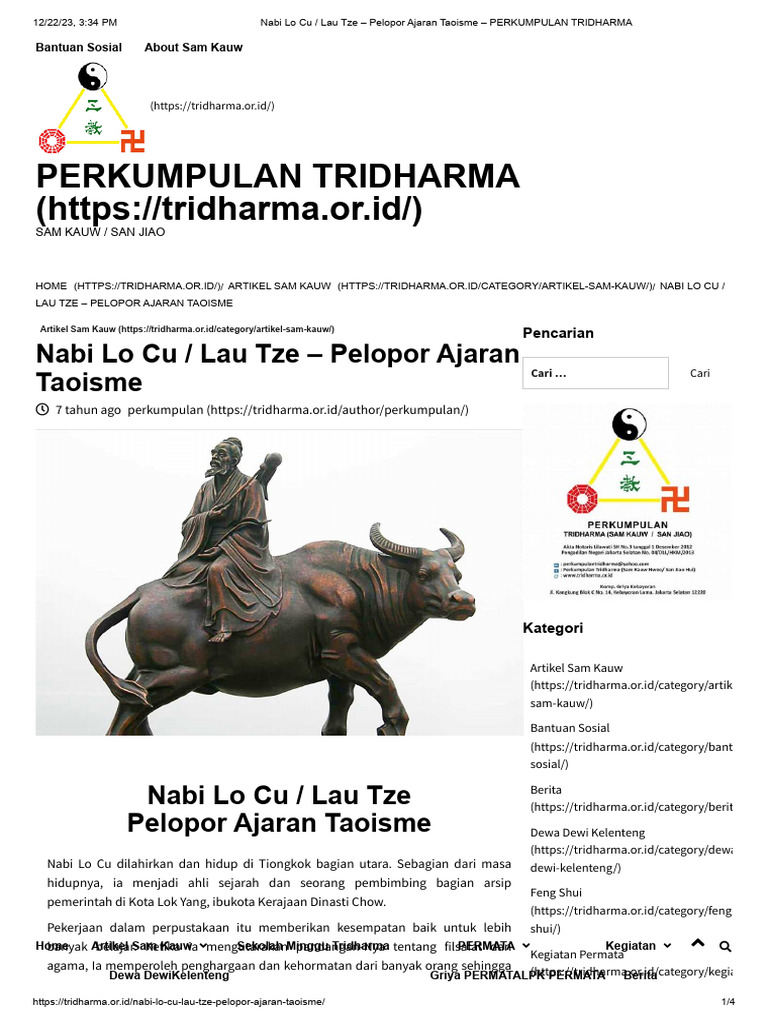 Nabi Lo Cu - Lau Tze - Pelopor Ajaran Taoisme - PERKUMPULAN TRIDHARMA | PDF