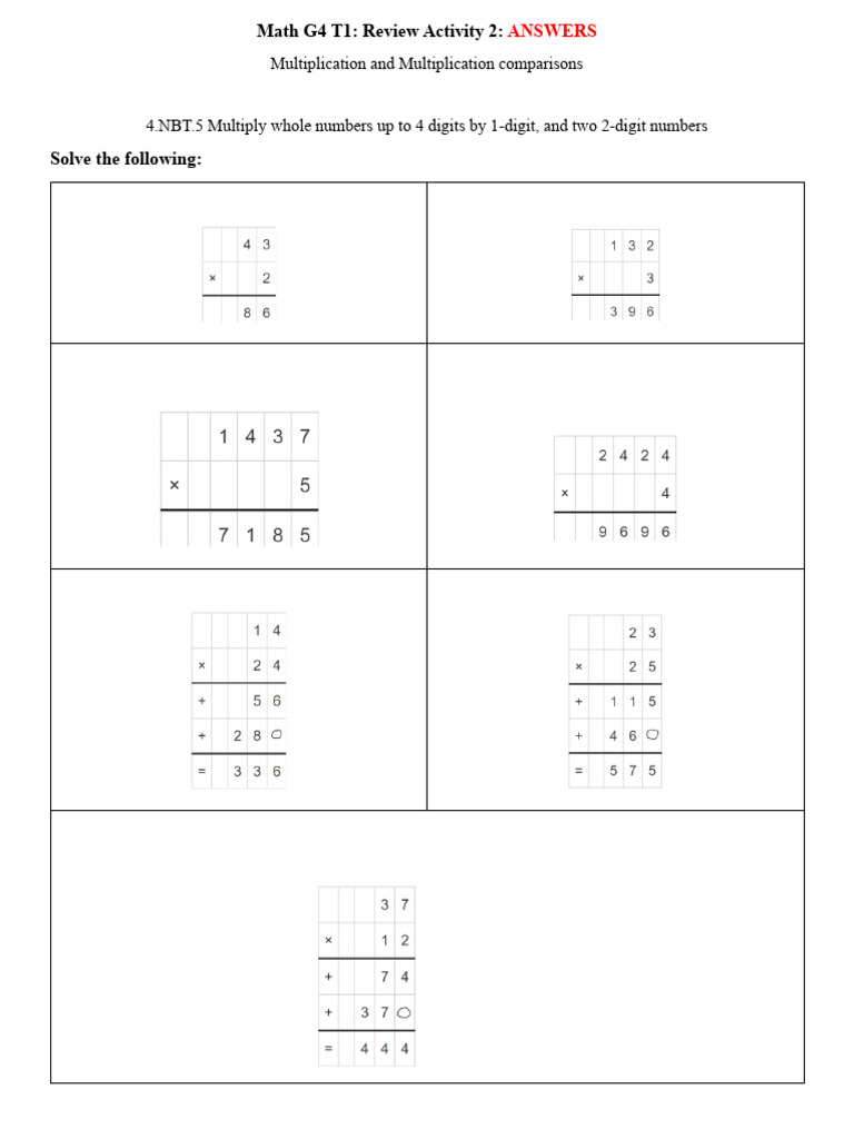 Math G4 T1 Review Activity 2 - Multiplication and Multiplication ...