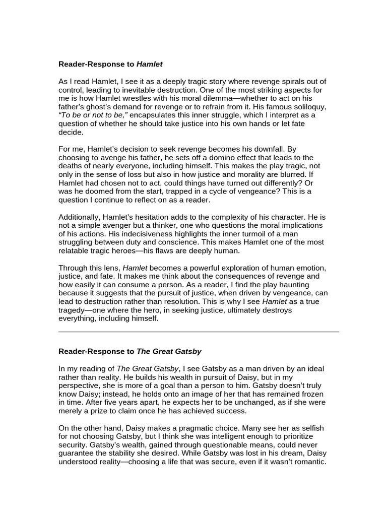 Reader Response (Hamlet, The Great Gatsby) | PDF | The Great Gatsby ...