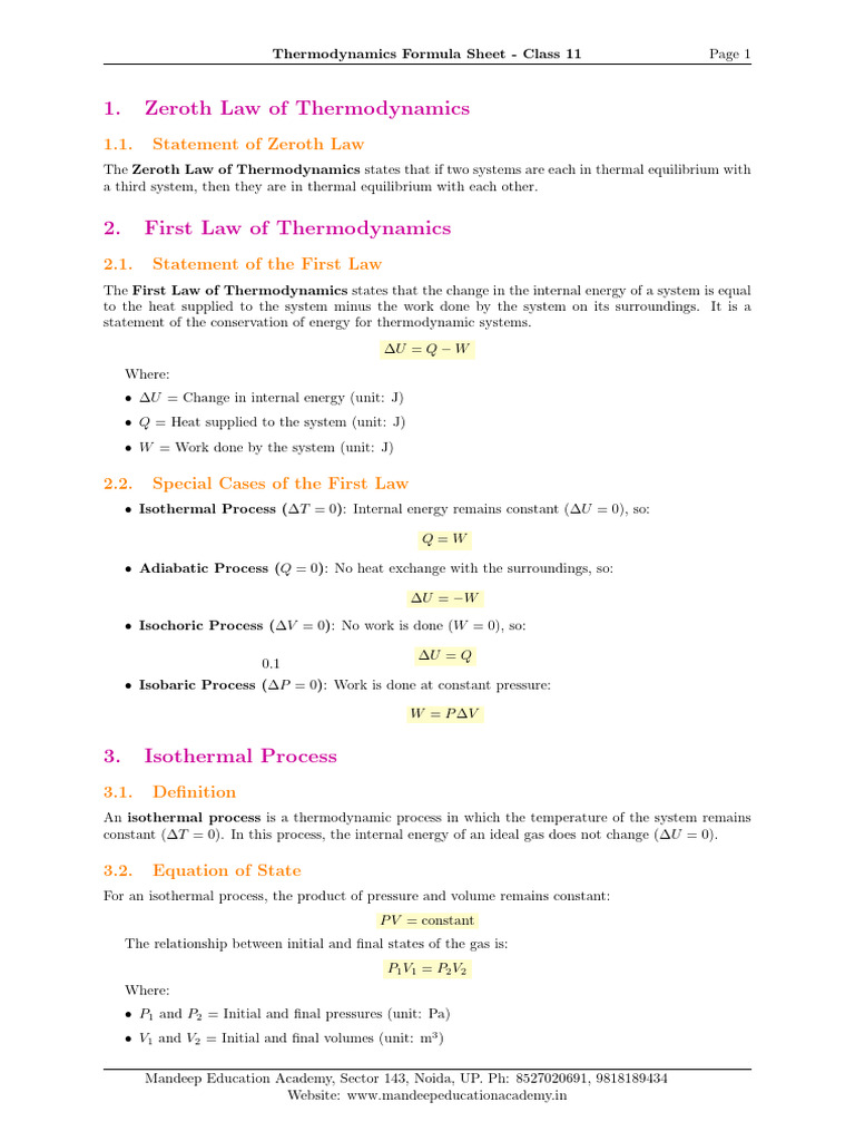 Physics Class 11 Formula Sheets - Thermodynamics FS | PDF | Heat | Thermodynamics