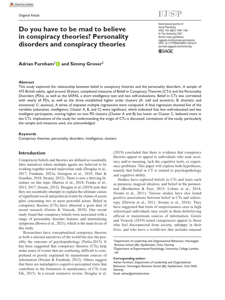 Furnham Grover 2021 Do You Have To Be Mad To Believe in Conspiracy ...