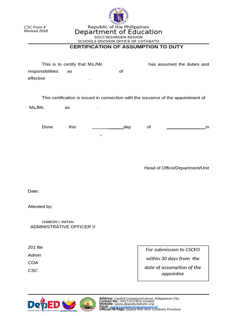Certification of Assumption To Duty | PDF