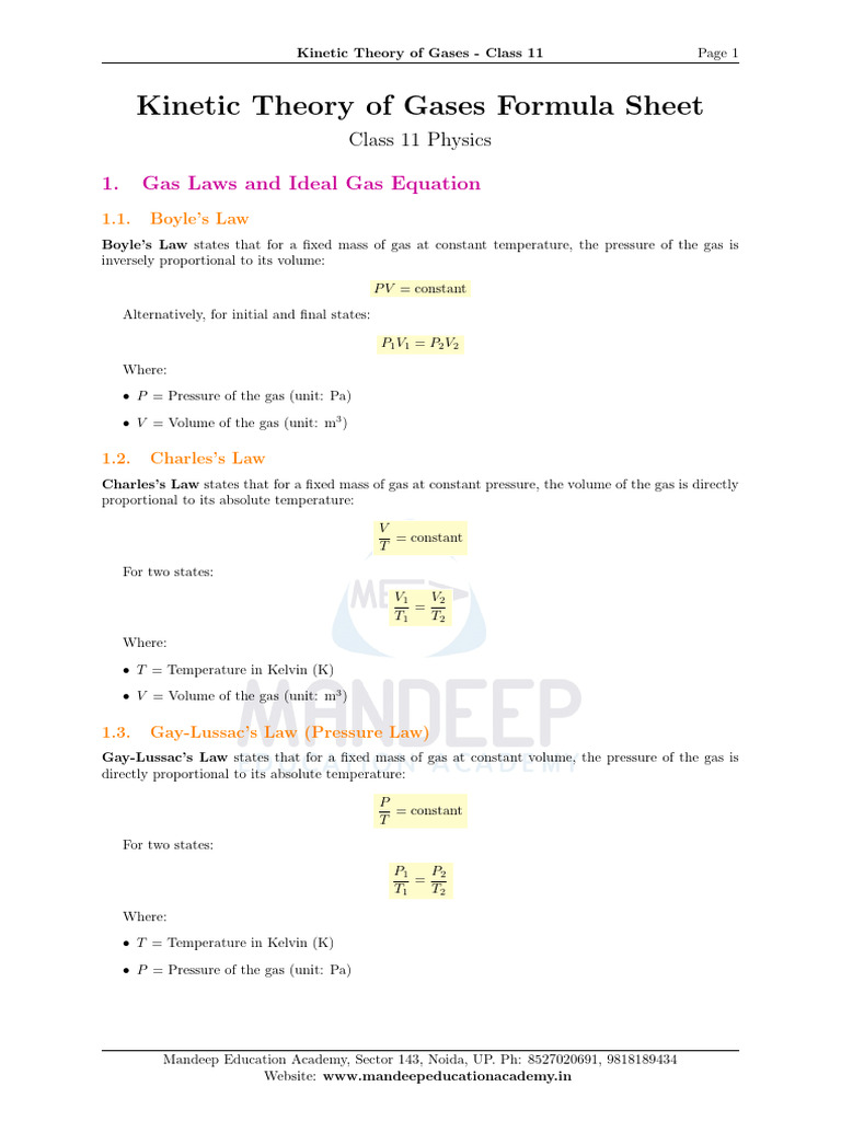 Kinetic Theory of Gases Formula Sheet | PDF | Gases | Temperature