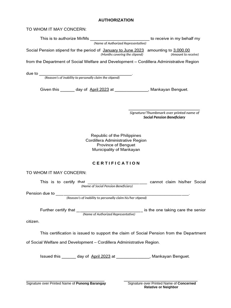 2023 Authorization Letter Socpen | PDF | Welfare State | Poverty