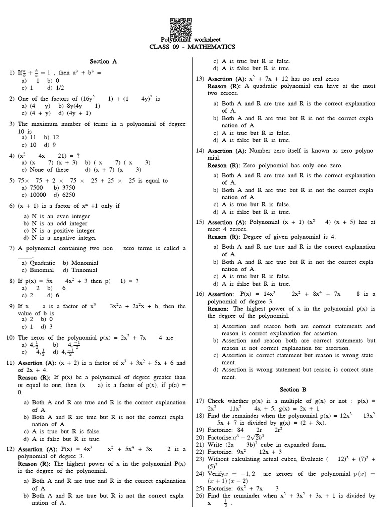 Polynomial Worksheet for Class 09 Math | PDF | Factorization ...