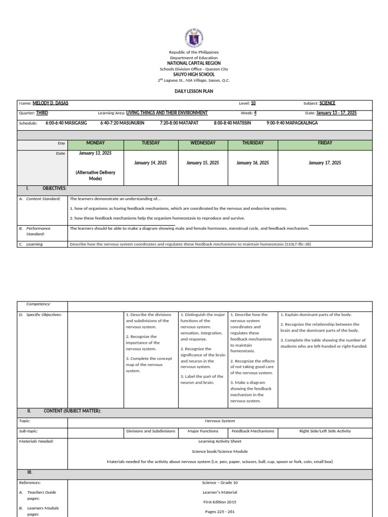 Sample Lesson Plan | PDF | Nervous System | Brain