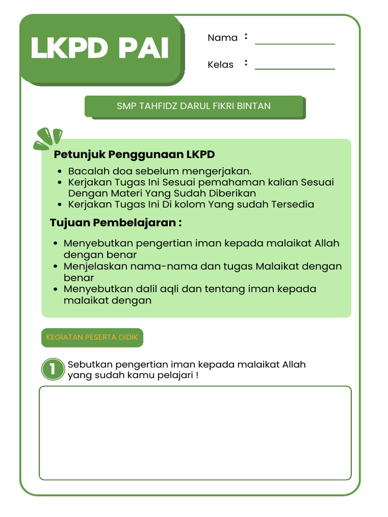 LKPD PAI Kls 7 Sem 2 Bab Malaikat Dan Tugasnya | PDF