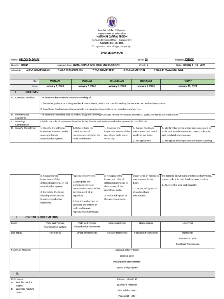 Sample Lesson Plan | PDF | Hormone | Menstrual Cycle