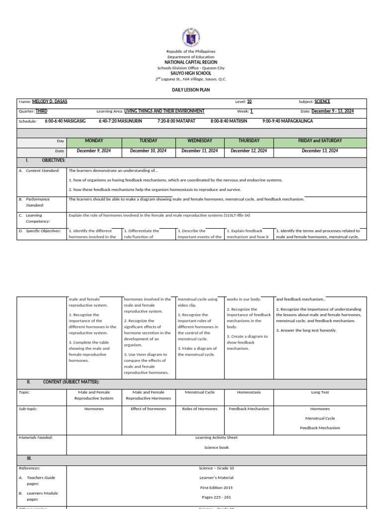 Sample Lesson Plan | PDF | Hormone | Menstrual Cycle