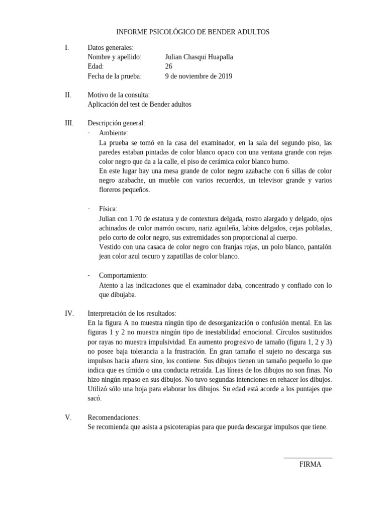 Informe Psicológico Test Bender Adultos | PDF | Color | Sicología
