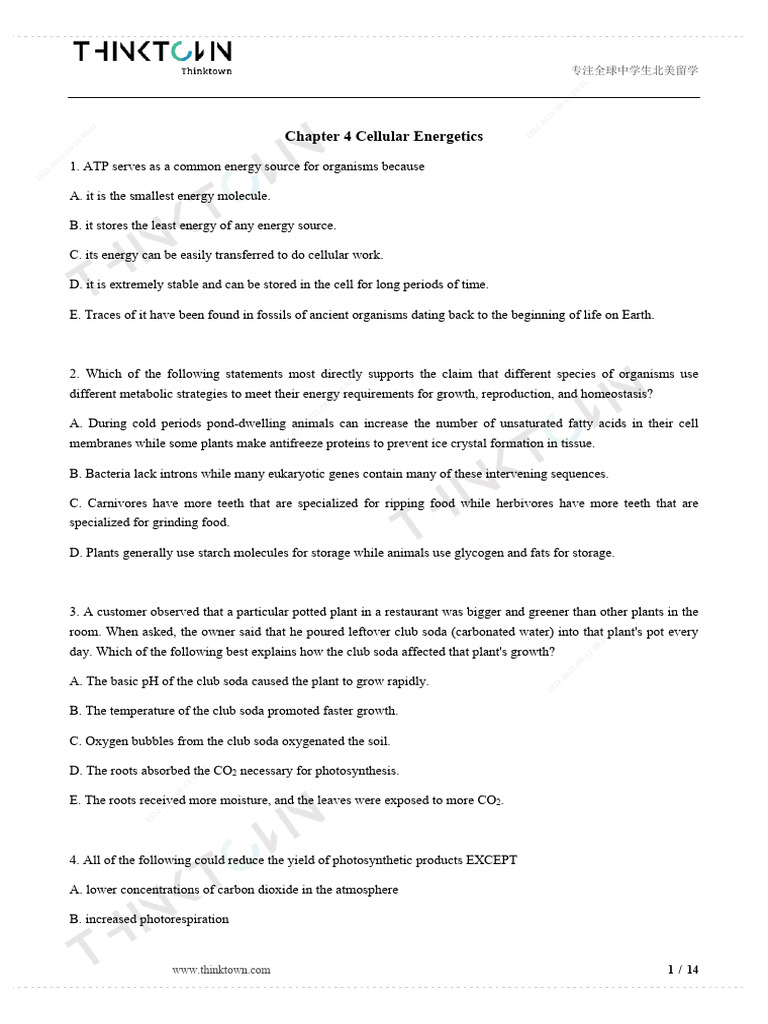 AP biology Chapter 4 Cellular Energetics | PDF | Photosynthesis ...