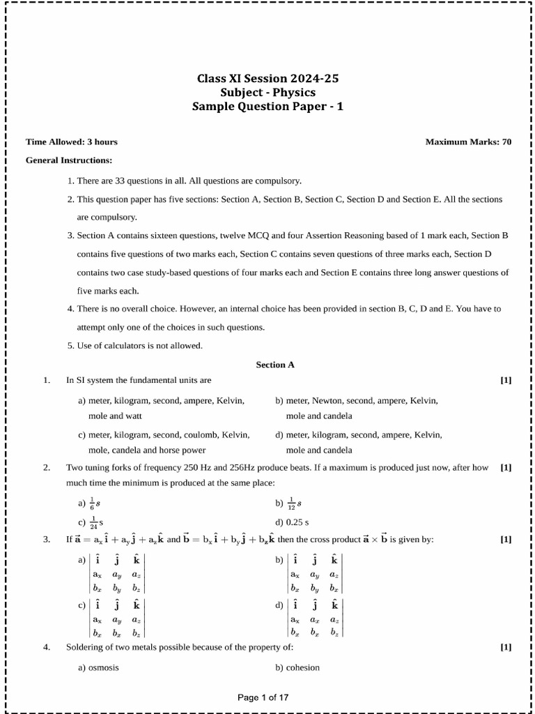 Physics Sample Papers 1 Class 11 | PDF