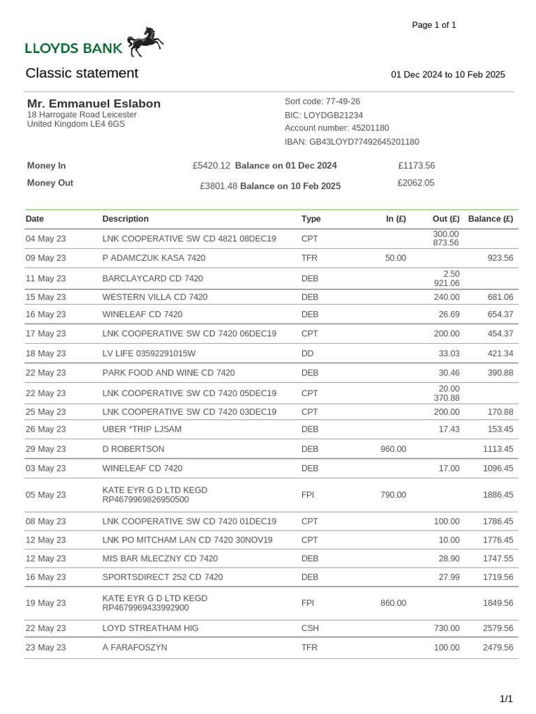 Lloyds Bank Statement | PDF | Banking | Banking Technology
