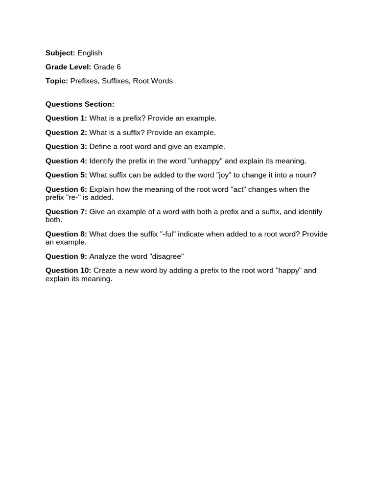 Quiz - Prefixes, Suffixes, Root Words | PDF | Word | Question