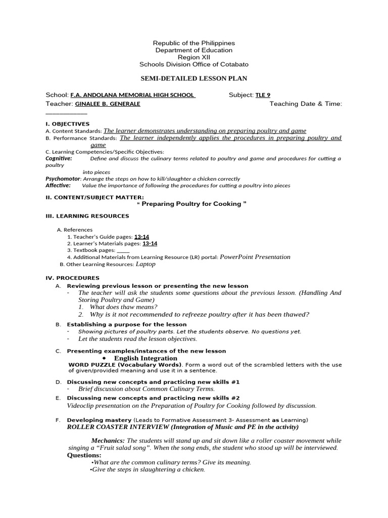 Ginalee DLP Tle 9 Poultry | PDF | Learning | Teachers