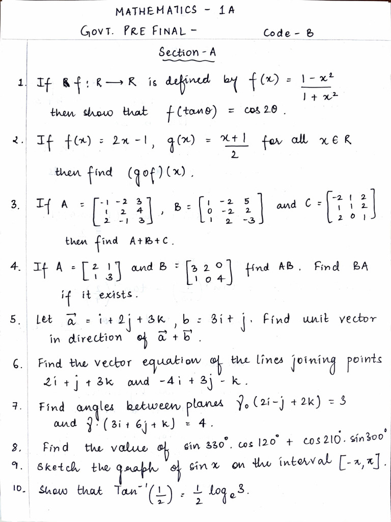 Govt Pre Final Code B MATHS IA | PDF