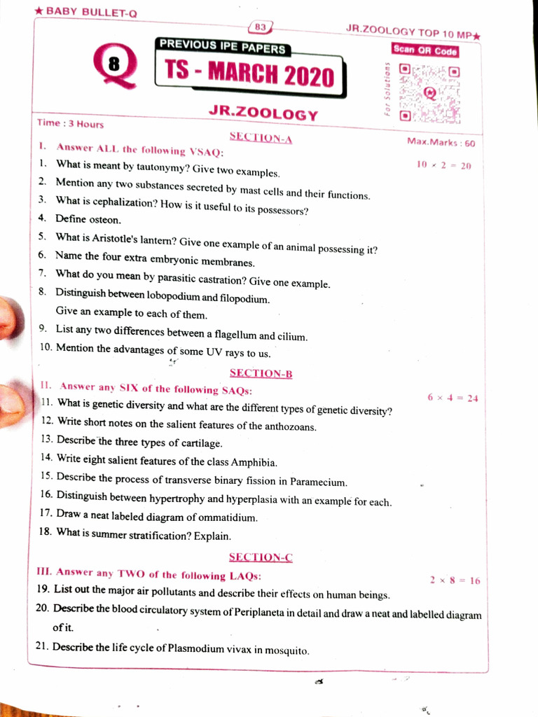 Zoology Previous Year Question Papers | PDF | Biology | Zoology