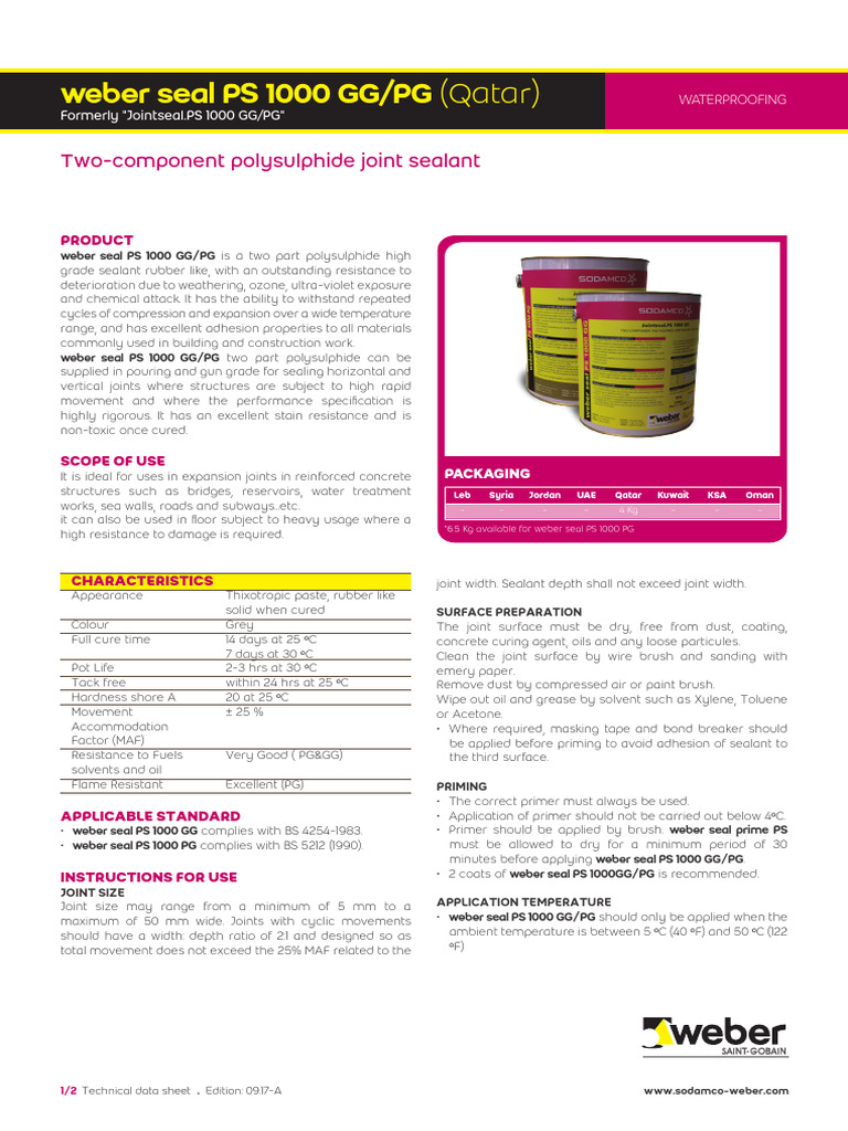 Polysulphide Sealant PS 1000 GG/PG Guide | PDF | Concrete | Materials