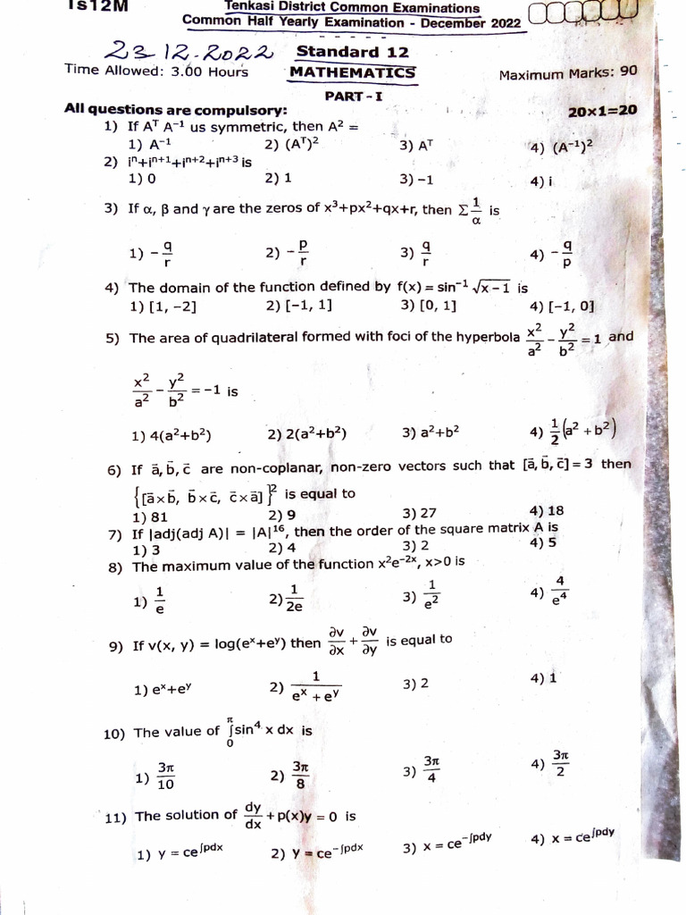 12th Maths EM Half Yearly Exam 2022 Original Question Paper Thenkasi ...