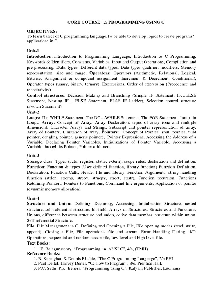 C Syllabus Pdf Pointer Computer Programming C Programming Language
