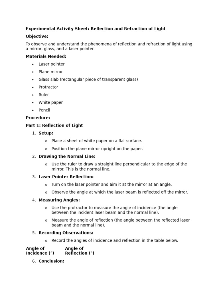 Experimental Activity Sheet | PDF | Reflection (Physics) | Refraction