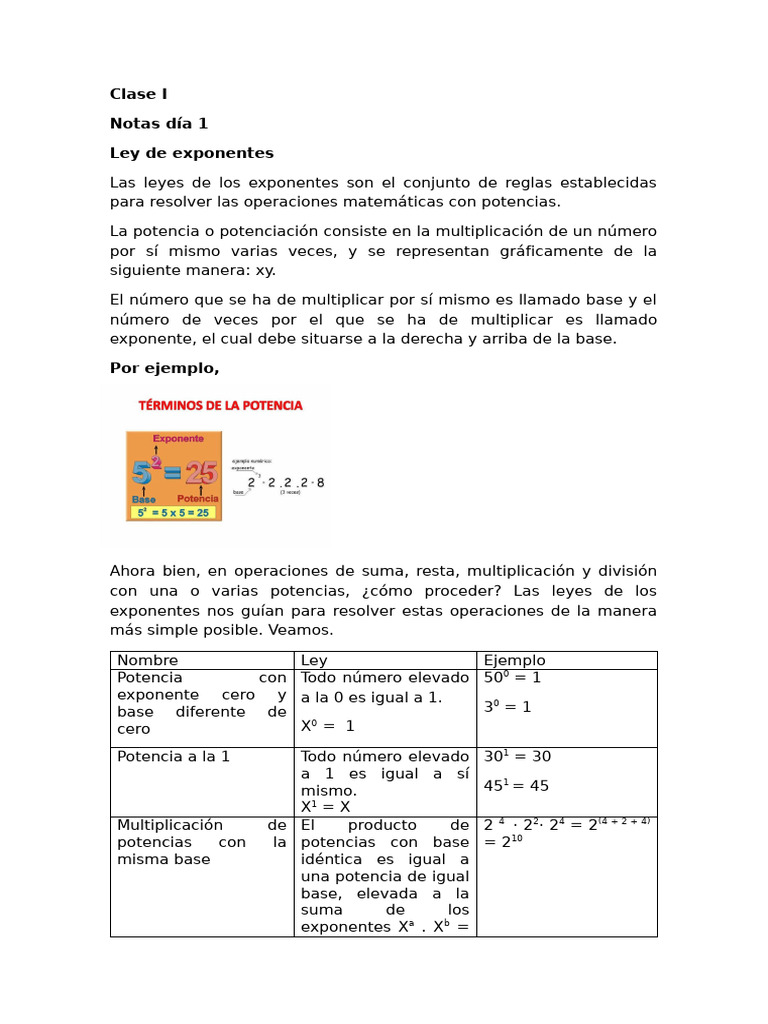 Documento Clase I Nota 1 Ley de Exponente | PDF