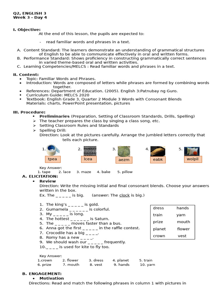 ENGLISH 3, Q2, Week-3-Day4-Familiar-words-and-phrases | PDF | English ...